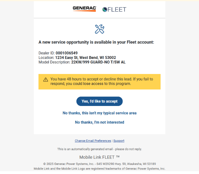 Service Opportunities Quick Response Feature – Mobile Link Fleet